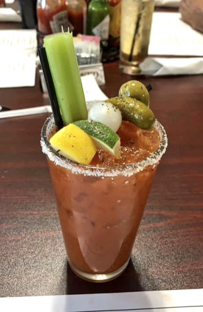 Now that's a Bloody Mary! Garnished to the nines, it's practically a salad in a glass. Cheers to starting the day right!