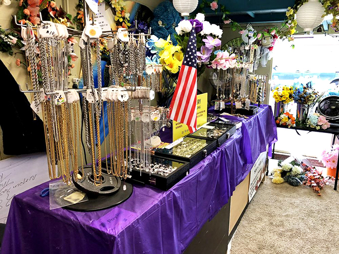 Sparkle central! This jewelry stand is where bling meets bargain. Remember, one woman's costume jewelry is another's treasure trove.