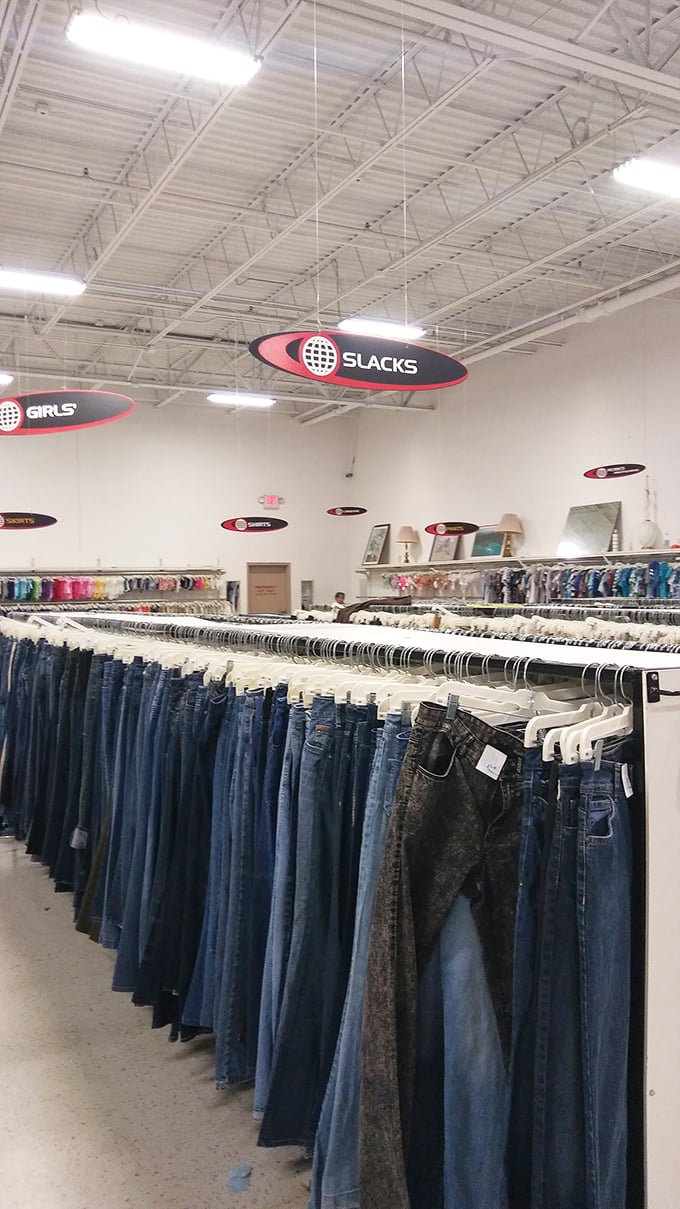 The denim forest: where jeans of all shapes and sizes coexist in harmony. It's like a United Nations of pants.