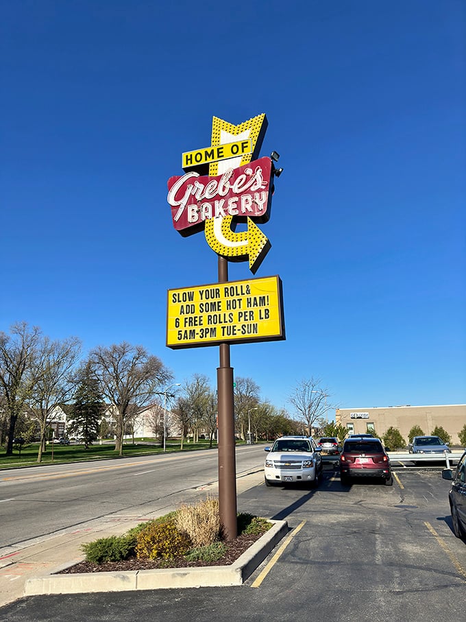Grebe's outdoor sign: where wit meets wheat. It's not just advertising; it's stand-up comedy for your commute!