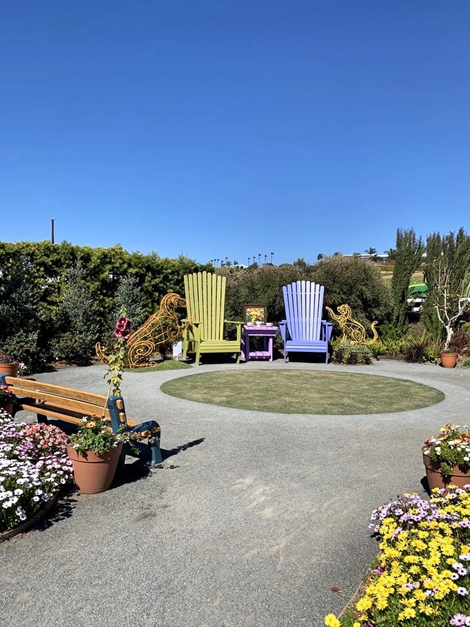 Oversized Adirondack chairs invite visitors to be kids again. It's like Alice in Wonderland meets your grandmother's garden party!