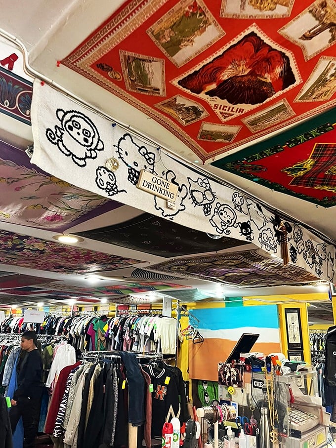 Look up and let your imagination soar! The ceiling art is like a patchwork quilt of whimsy and wonder.