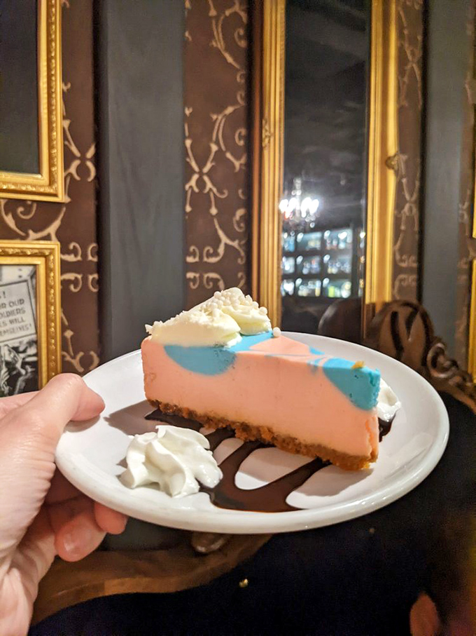 A slice of heaven with a side of whimsy. This cheesecake looks like it floated down on a cloud made of pure deliciousness.