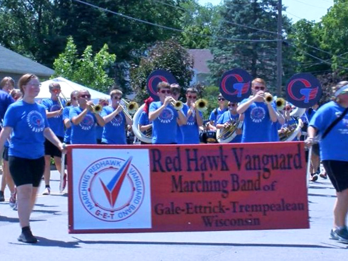 Marching to Trempealeau's beat. The Red Hawk Vanguard Marching Band brings a touch of Sousa to the streets, proving that small towns know how to make some big noise.