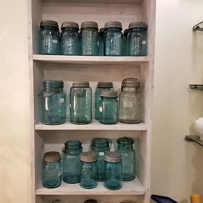 Mason jar madness! These blue beauties are ready to preserve your summer harvest or just look pretty on a windowsill.