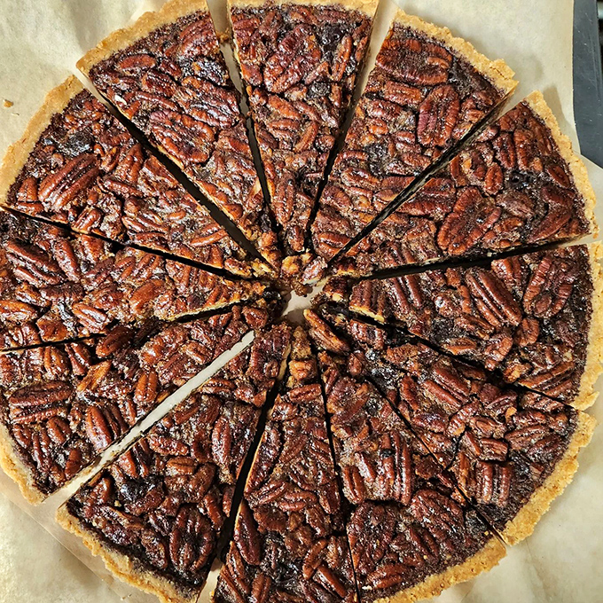 Pecan pie perfection! This beauty is so packed with nuts, it could single-handedly solve any squirrel's winter food shortage.