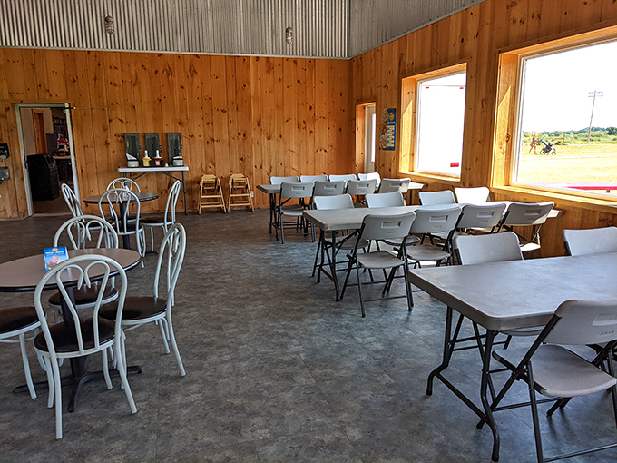 "Rustic charm meets modern comfort! This dining area is where you can rest your weary feet and fuel up for more farm adventures. No overalls required!"