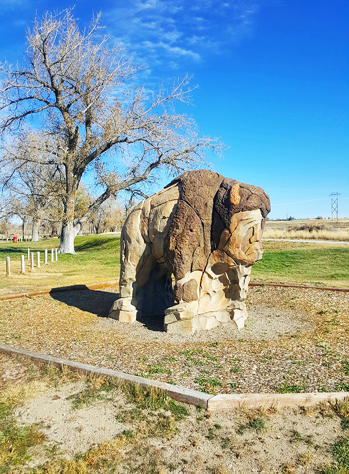 "Rock-solid artwork! This stone bison stands as proudly as its living counterparts, a testament to Wyoming's wild spirit."