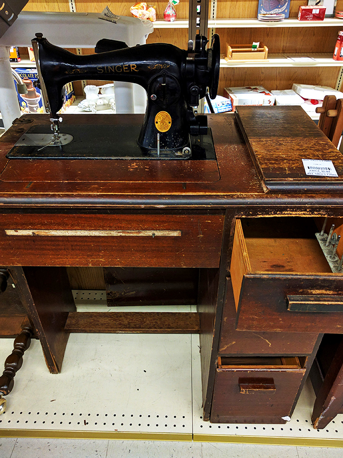 Stitch in time! This vintage Singer sewing machine is ready to hem your pants or, you know, start a retro fashion revolution.