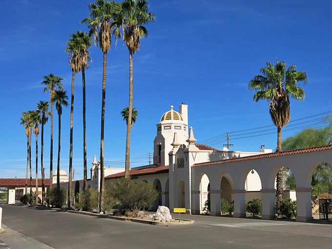 "Welcome to Ajo, where the sky's always blue and the buildings are always... pink?" This charming visitor center proves that even the desert likes to dress up sometimes.