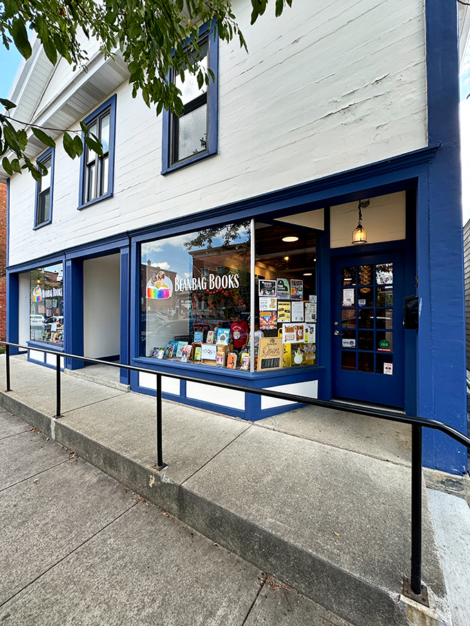 "Blue skies and bookshelves! Beanbag Books' vibrant exterior promises a colorful literary journey inside."