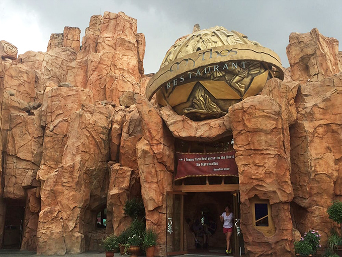 Poseidon's man cave! Mythos Restaurant's cave-like interior transports you to an ancient Greek fever dream.