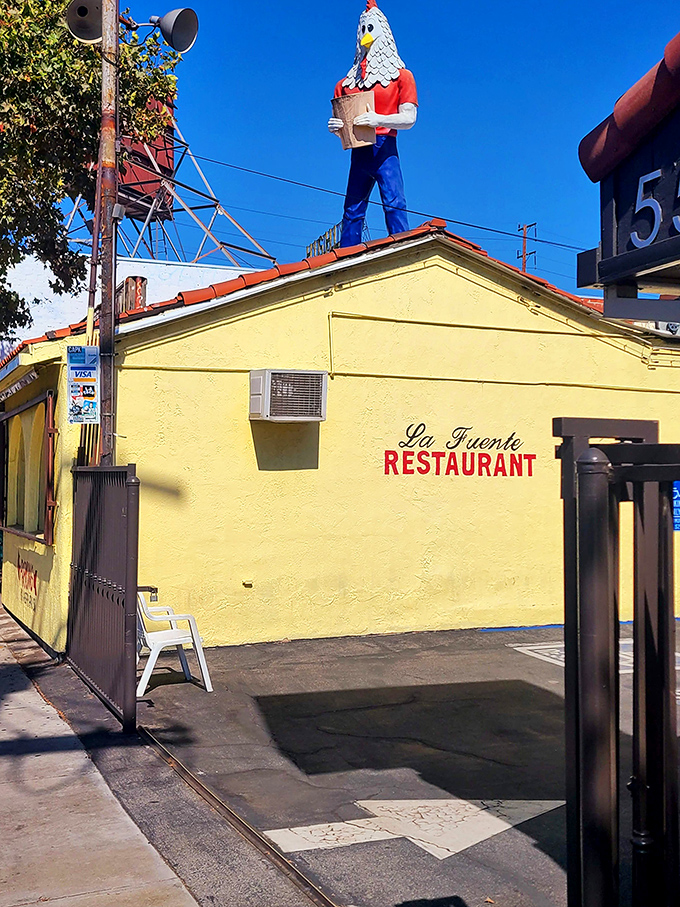 Egg-cellent landmark! Part man, part chicken, all awesome &ndash; this feathered friend gives new meaning to 'flying the coop'.