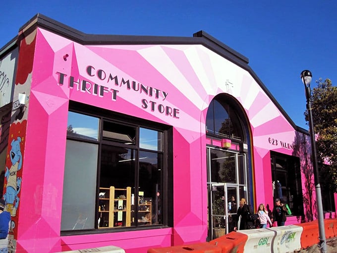 Part thrift store, part modern art installation! Community's vibrant facade invites you into a kaleidoscope of quirky treasures.
