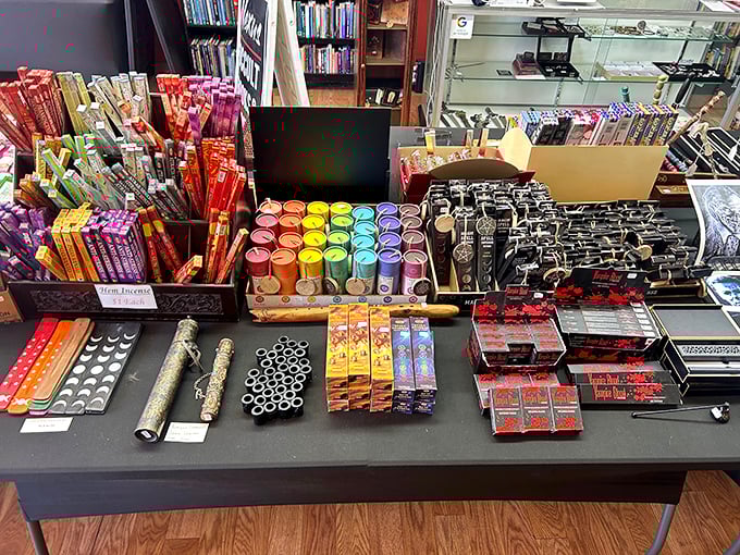 Wands, incense, and rainbow candles, oh my! This magical merchandise display is a DIY sorcerer's dream come true.