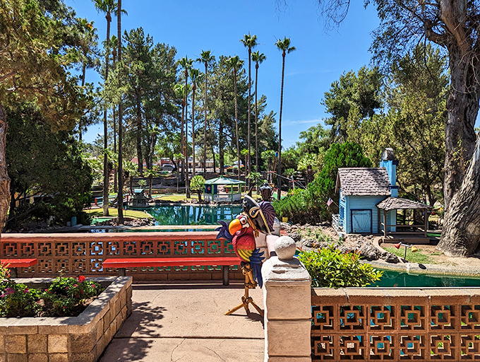 An oasis of green in the desert! Palm trees and putting greens create a lush landscape that's a feast for the eyes.