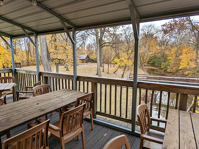 Dine with Mother Nature! This patio view is like a Bob Ross painting come to life &ndash; happy little trees included.