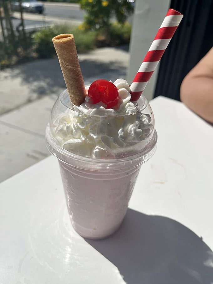 Pretty in pink and sweet as a first kiss. This strawberry shake is the prom queen of Frisco's dessert menu.