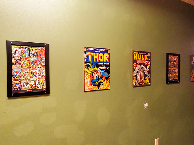 Wall of heroes! These comic book legends watch over your gaming adventures. Feel free to strike a superhero pose – we won't judge.