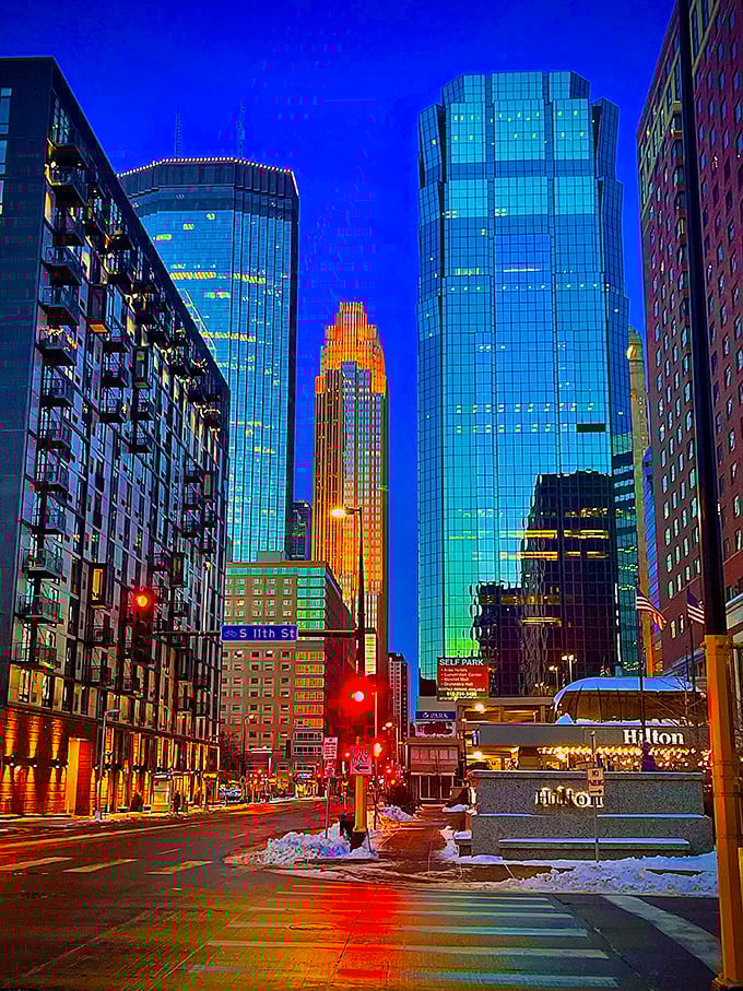 Winter in Minneapolis: where the notes are hot, but the weather's not. The Music Wall stands out against a snowy cityscape.