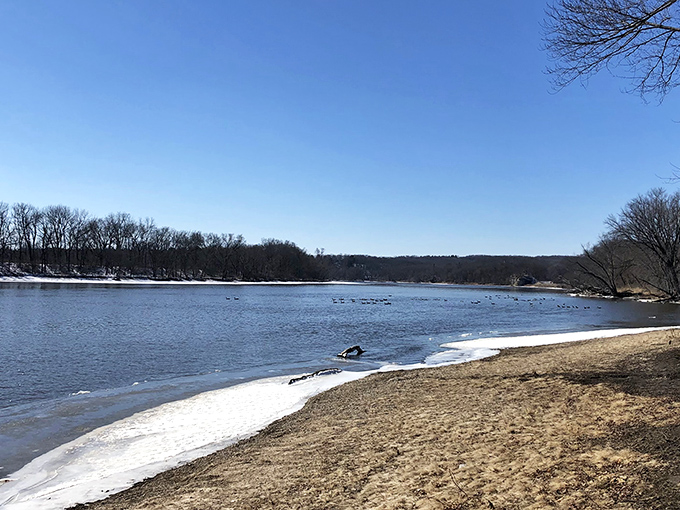 Winter's icy grip can't contain the beauty. The Rock River flows on, carrying dreams of warmer days.