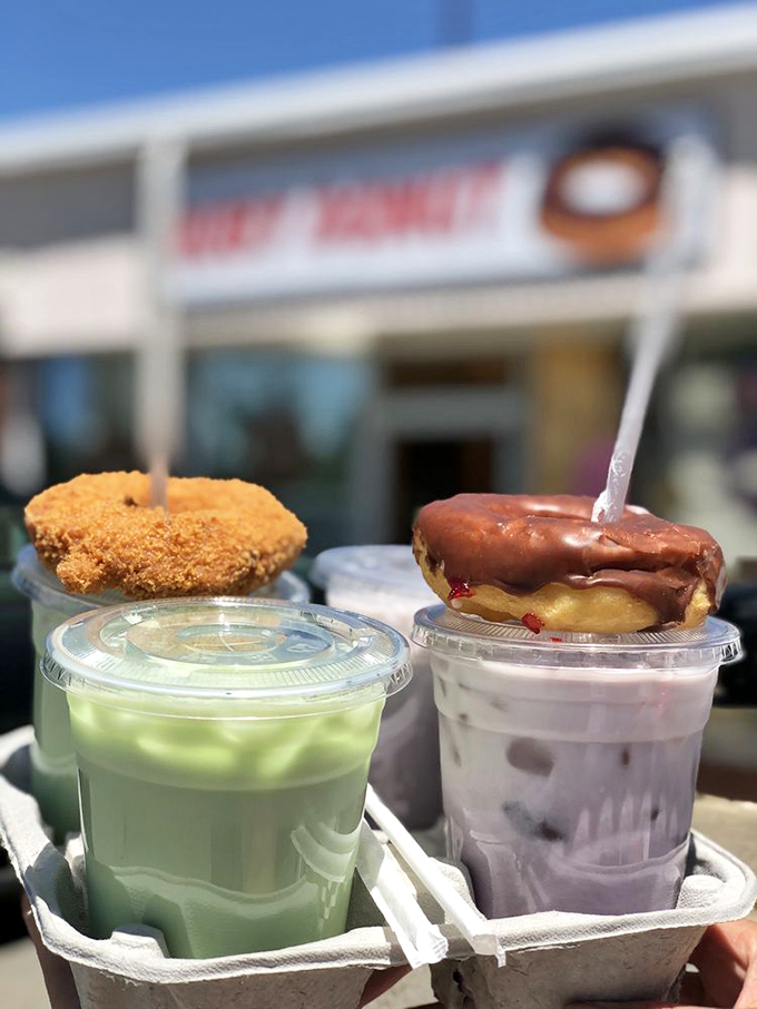 Tea time with a twist! Ruby Donut's green tea and taro milk teas are the perfect sidekicks for your sugary adventures.