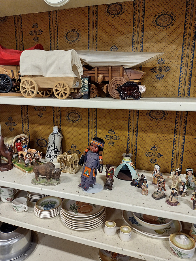 Charming vintage collectibles and Western-themed decorations share shelf space with everyday dinnerware, creating unexpected treasure-hunting opportunities.