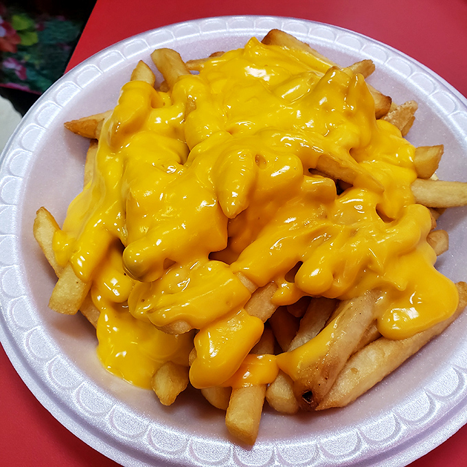 Cheese lovers, rejoice! These fries are wearing a golden jacket of melted perfection. It's like a cheese waterfall decided to take a potato break.