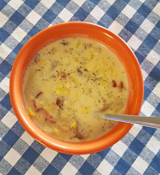 Corn chowder so creamy, it could make a New Englander weep with joy. Midwest meets East Coast in a bowl.