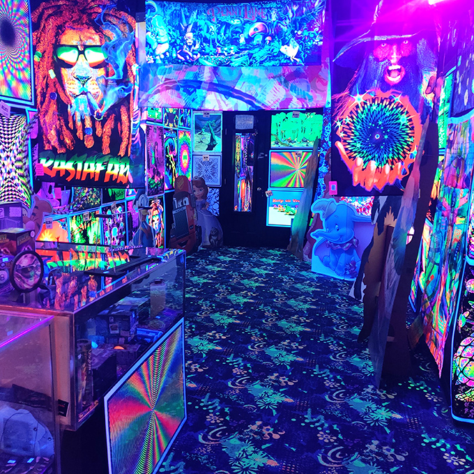 Enter the twilight zone of awesome. This blacklight paradise is where art meets altered states, no substances required.