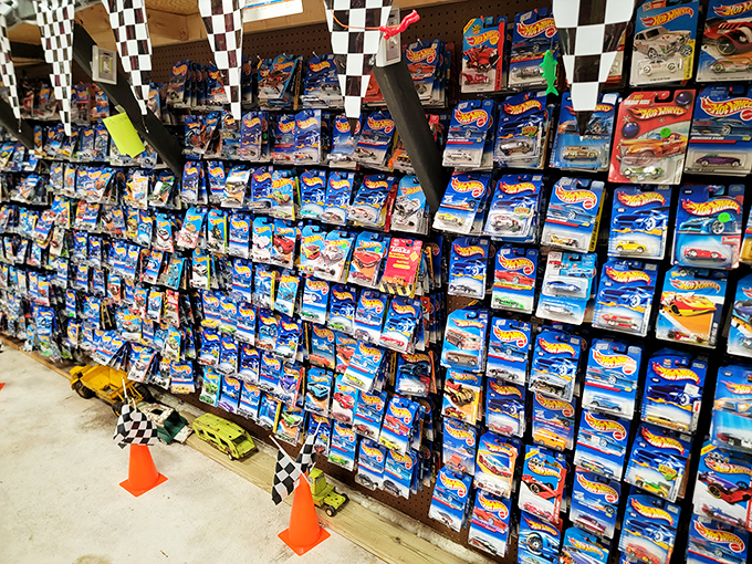 Hot Wheels heaven! This wall of miniature muscle cars would make even Vin Diesel's head spin with delight.