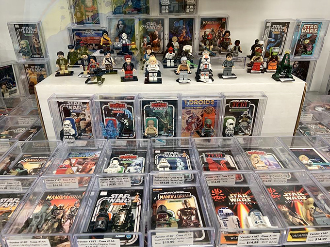 LEGO figures, assemble! This display is geek chic at its finest. Warning: may cause sudden urges to build elaborate spaceship replicas.