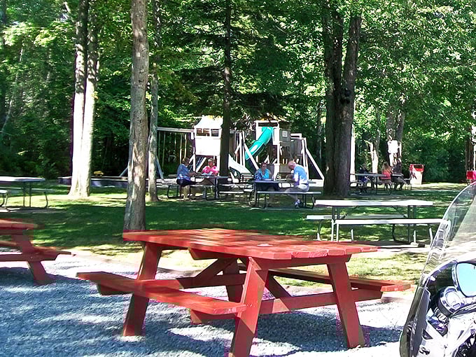 Picnic paradise! These red tables are like front-row seats to a feast of fresh air and flavor.