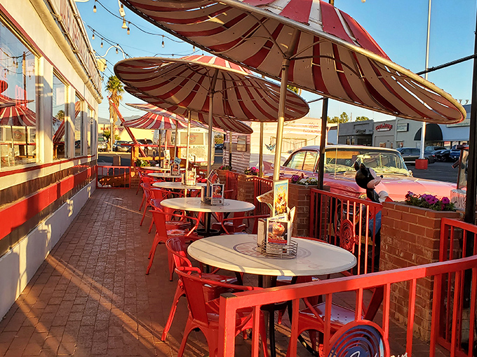 Al fresco dining with a side of vintage vibes. These outdoor tables are perfect for people-watching and pretending you're extras in "Grease."