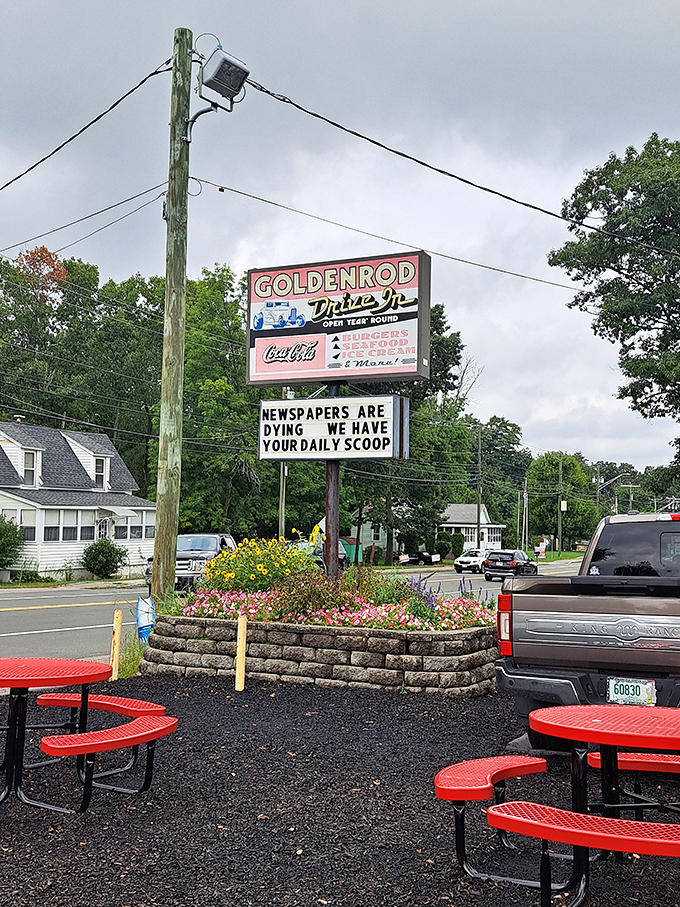 Outdoor seating with a side of wit! The Goldenrod's sign game is stronger than their coffee, serving up daily chuckles with your meal.