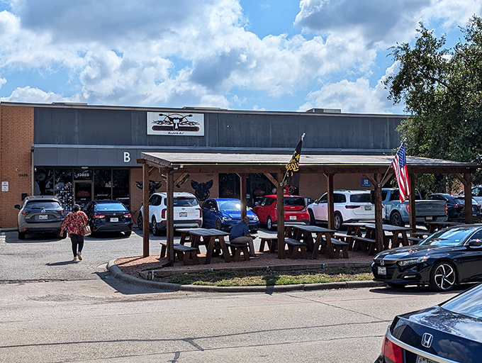 Outdoor seating that says, "Come for the BBQ, stay for the Texas hospitality." And maybe a nap afterwards.