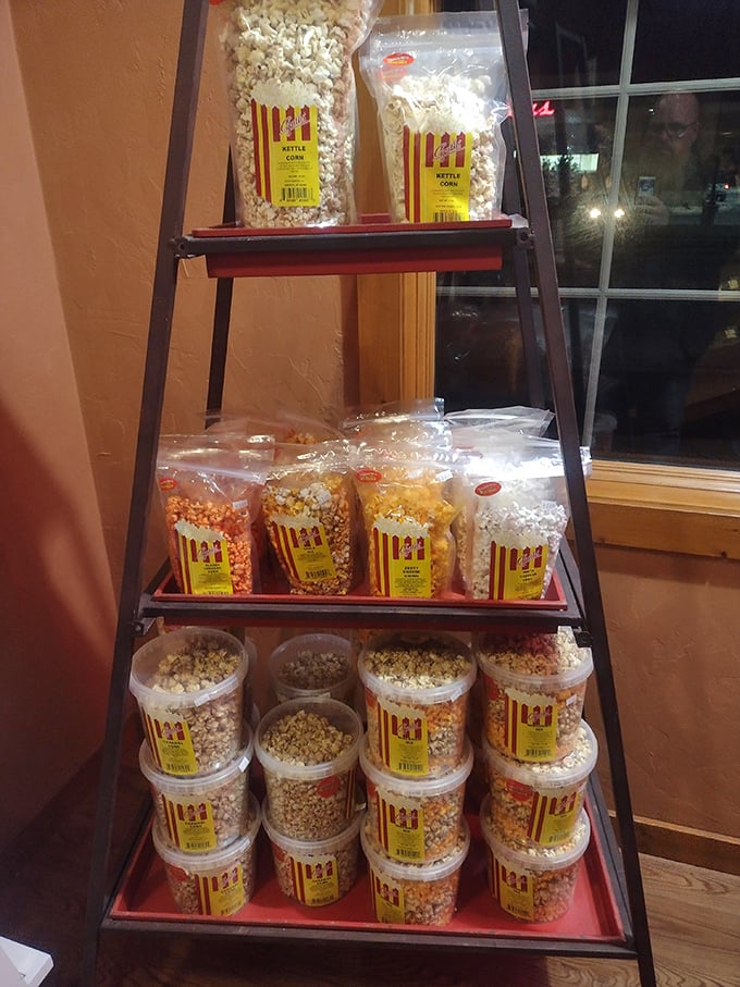 Popcorn paradise! From classic butter to wild flavors, this popcorn display is poppin' with possibilities. Time to get corny!