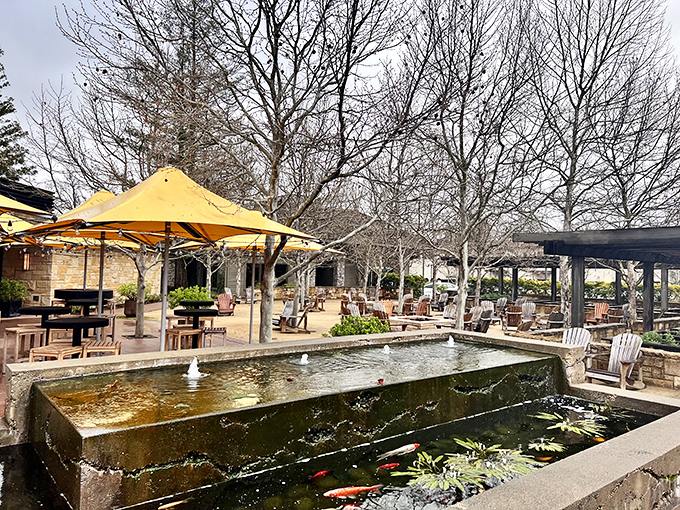 R+D Kitchen's outdoor haven: Where "social distancing" means leaving room for dessert. Koi pond included, fishing poles not recommended.