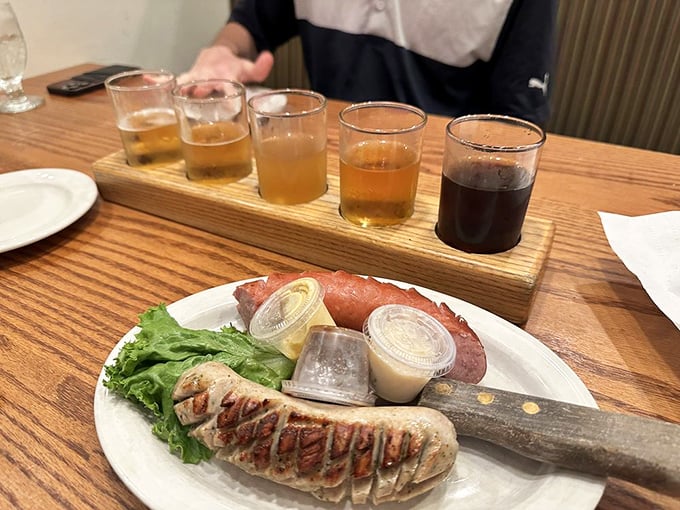 A flight of flavor awaits! This sampler is like a liquid tour of Germany, with a bratwurst co-pilot for good measure.