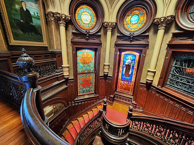 "Up, up, and away into Victorian splendor!" The ornate staircase invites visitors to ascend into a world of 19th-century opulence.
