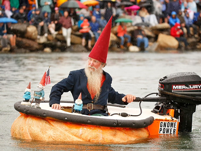 Only in Maine: Where else can you see a gnome captain a pumpkin boat? It's like a Pixar movie come to life, but with more facial hair.