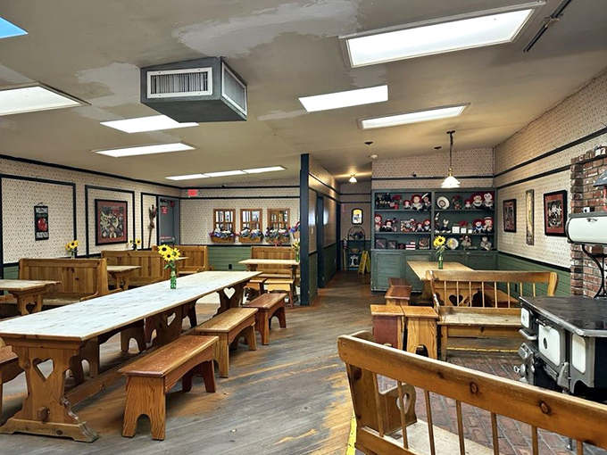 Rustic charm meets pie paradise. It's like Willy Wonka opened a bakery in a cozy log cabin.