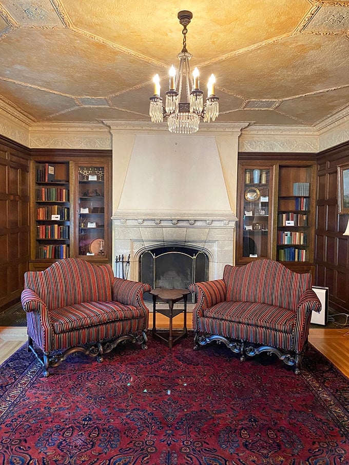 Curl up with a good book and transport yourself to another era in this cozy, wood-paneled sanctuary.