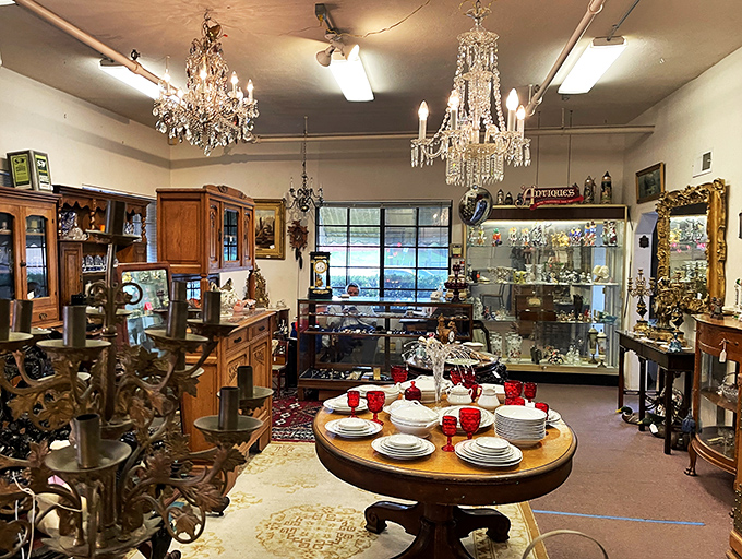 Chandeliers and china and candelabras, oh my! This room is fit for a vintage-loving royal's feast.