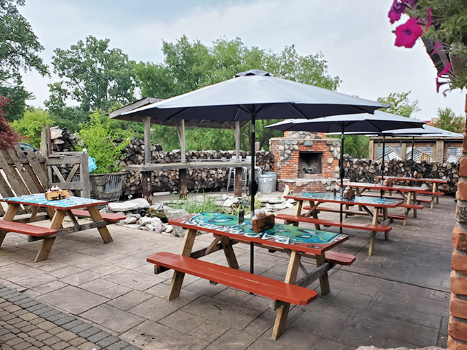 Outdoor dining with a side of fresh air and smoky aromas. It's like a BBQ-themed garden party where the flowers are replaced by picnic tables.