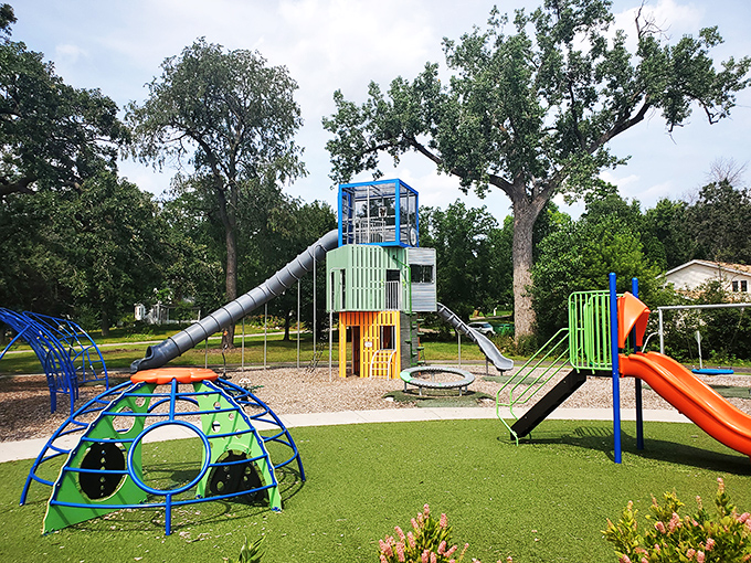 Kid-tested, parent-approved: This playground's got more bells and whistles than a Rube Goldberg machine!