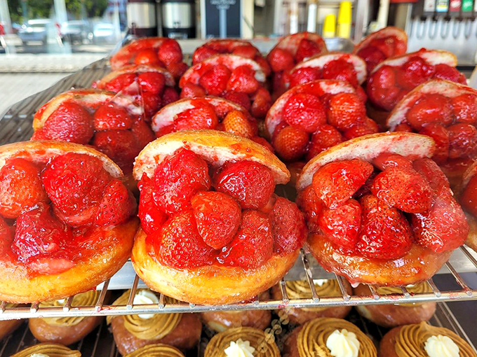 Strawberry donuts, take two! These aren't just donuts; they're ruby-red crowns of fruity perfection. Royalty never tasted so sweet &ndash; or required so many napkins.