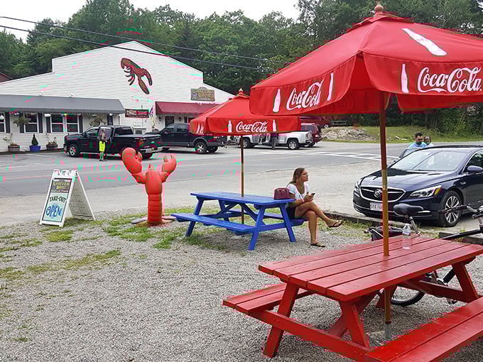 The cheerful red umbrellas at Graffam Bros create perfect little islands of shade for enjoying Maine's famous lobster rolls.