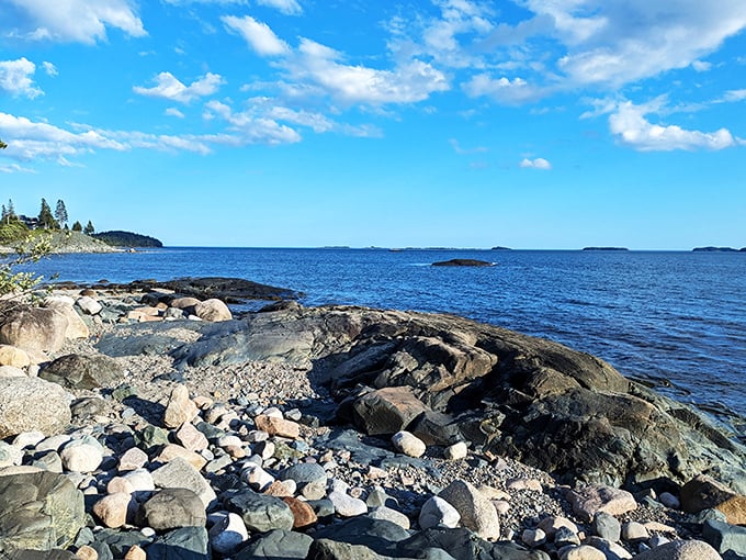 Roque Bluffs' pebbly shore: where every stone tells a story of tides, time, and timeless beauty.