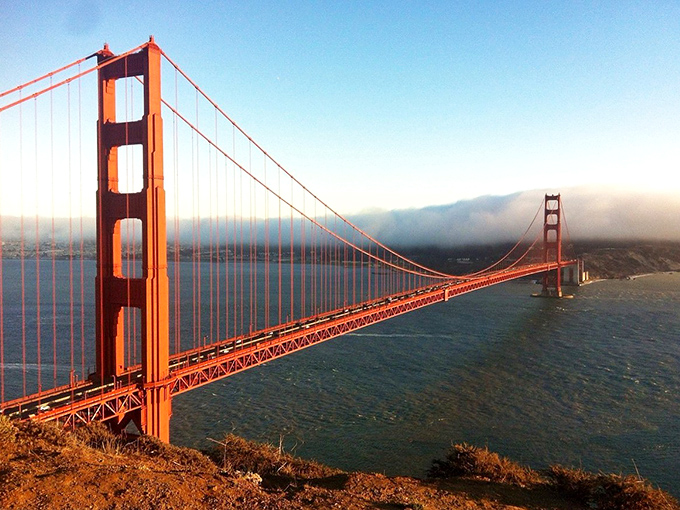 Wow! Stand here and marvel at the iconic bridge, half-shrouded in the spectacular San Francisco Bay fog.